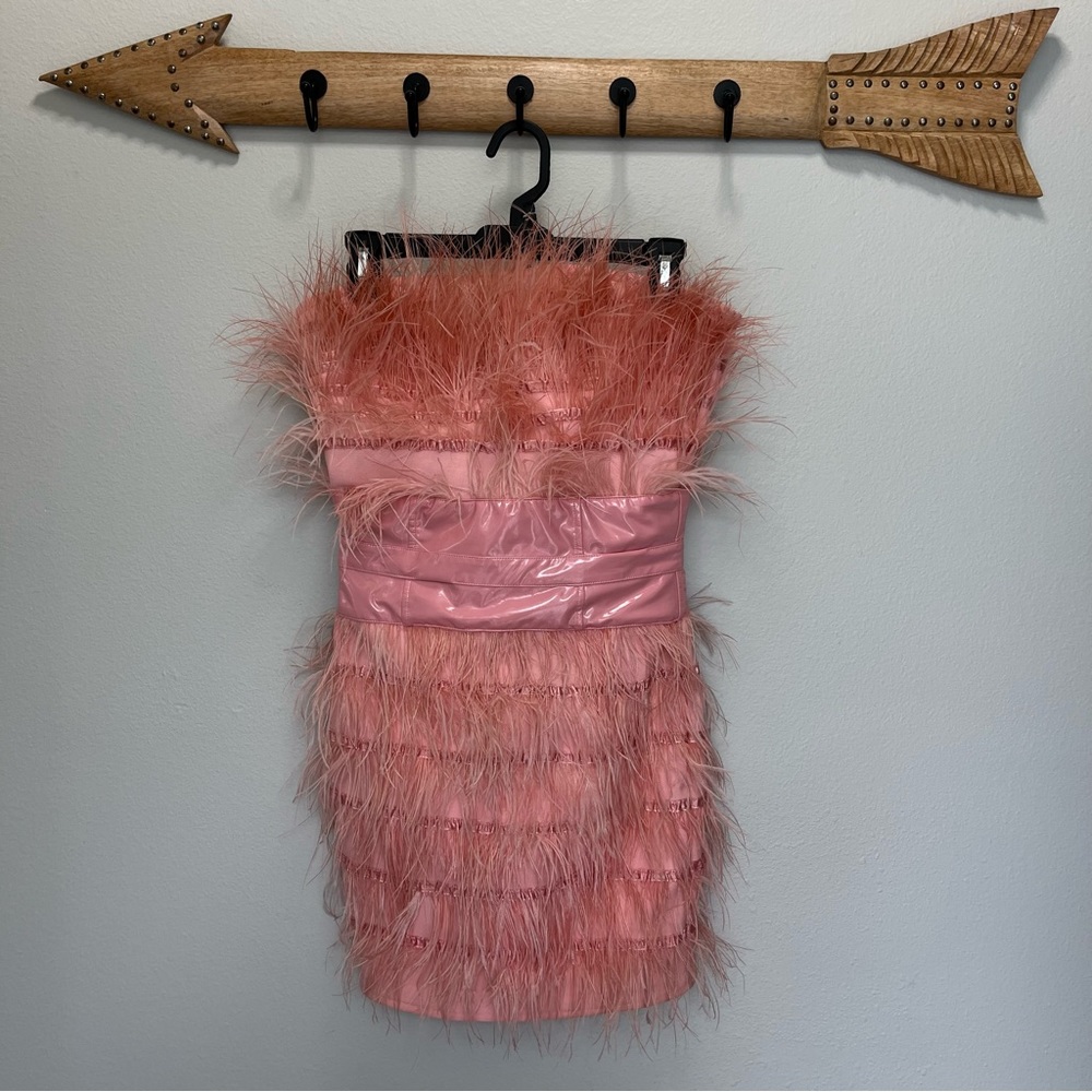 Akira Bite Me Ostrich Feather Mini Dress Strapless Ba… - Gem